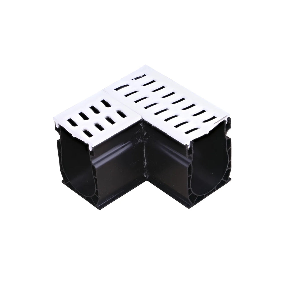 Slim Channel™ Drain 90° Elbow and Grate, White Plastic — Mainline Materials